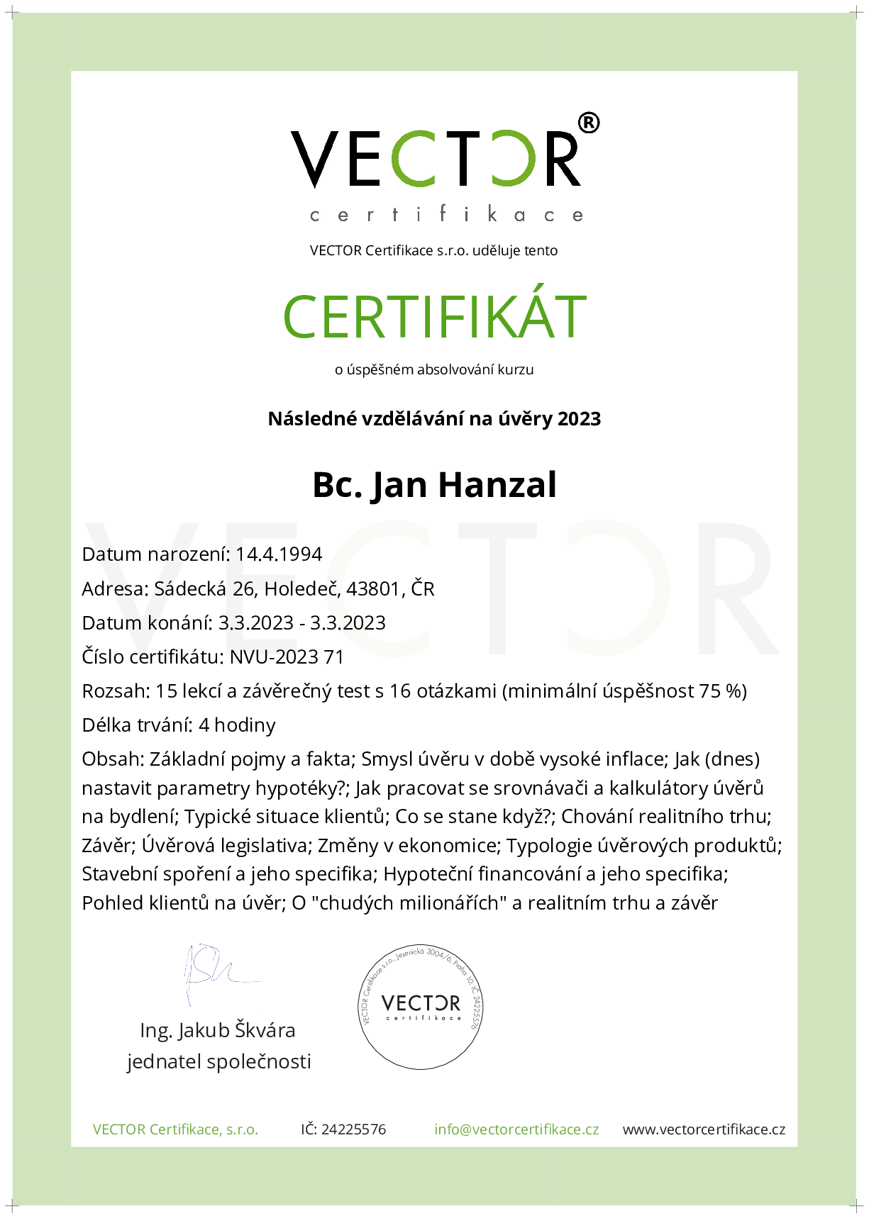 Osvědčení - Vector Certifikace